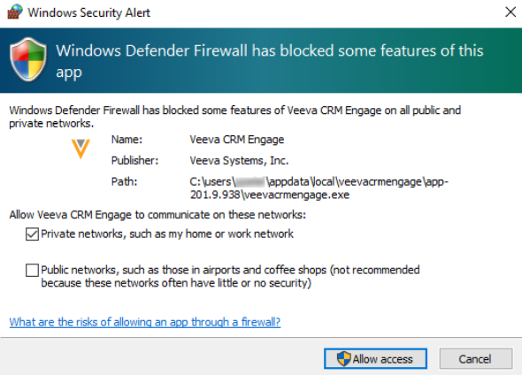 Windows Defender Firewall Alert is Displayed Upon Starting the Veeva ...